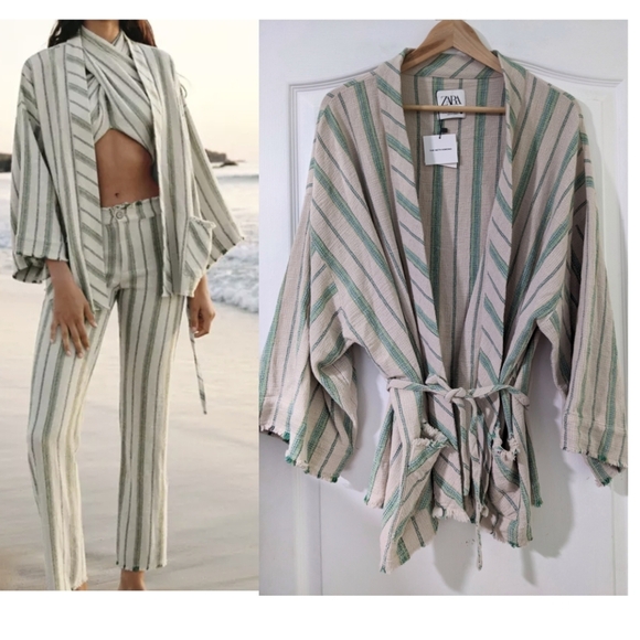 Zara | Jackets & Coats | Nwt Zara Beth Kimono In Green Stripe | Poshmark
